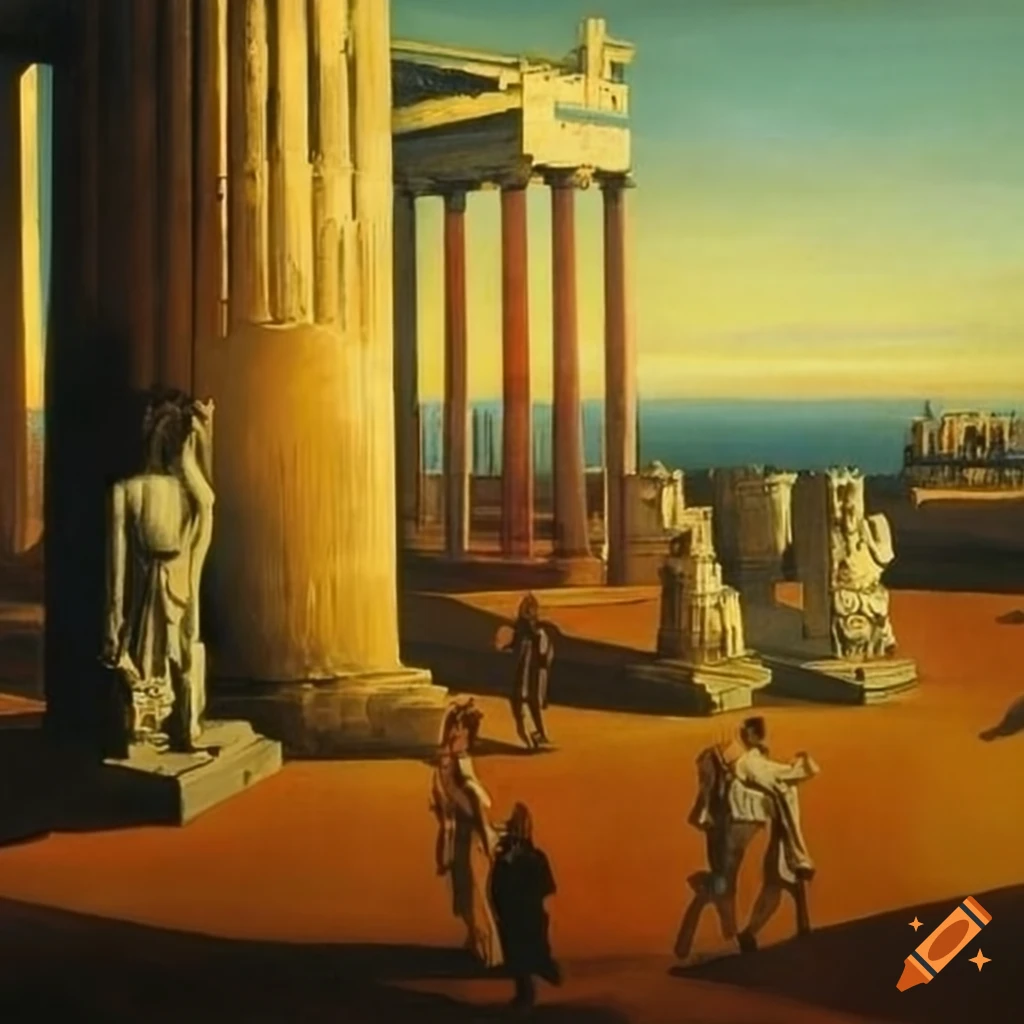 Chirico surrealist painting with statues, columns, and a steam train on ...