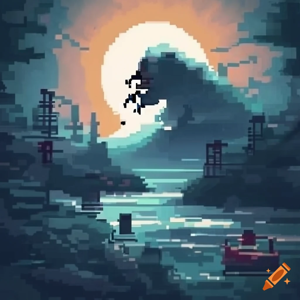 Pixel art with dithering in a traditional chinese ink painting style on ...