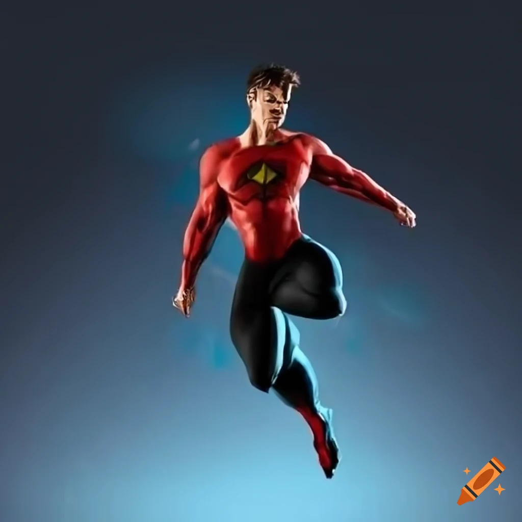 Flying male superhero in dynamic action pose on Craiyon