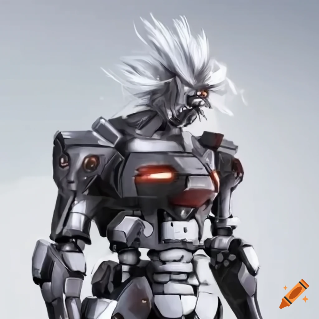 Super saiyan mecha droid with powerful white hair on Craiyon