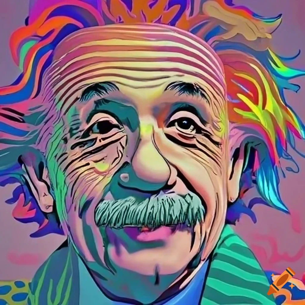 Albert Einstein with a big smile and red eyes in psychedelic style on ...