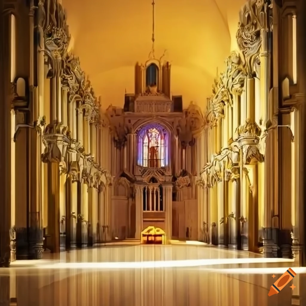 Interior shot of a candlelit golden stone church with long hallways on ...