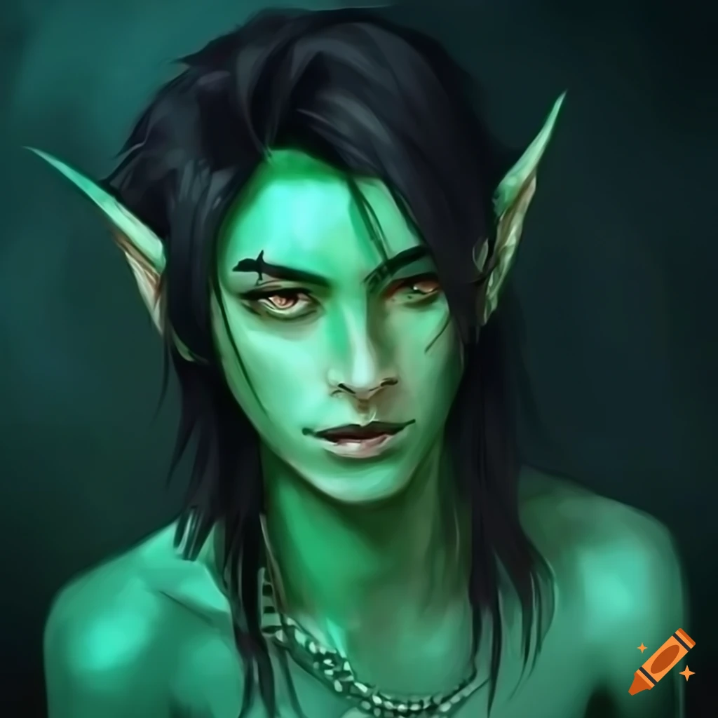 Green young handsome goblin named edjek with black emo hair on Craiyon