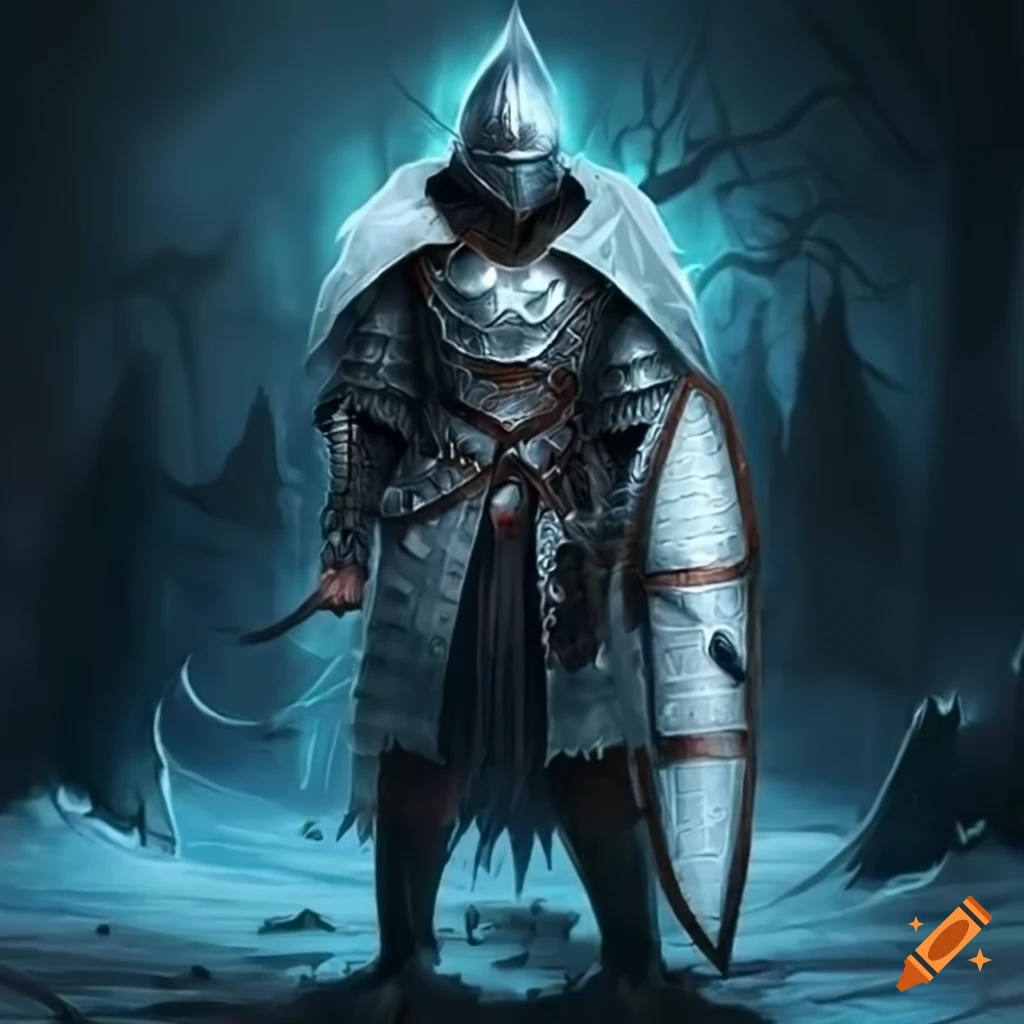 Armored warrior with shield and ice sword in dragon scale cloak on Craiyon