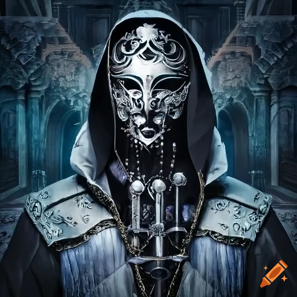 Legendary male alchemist with intricate silver masquerade mask and ...