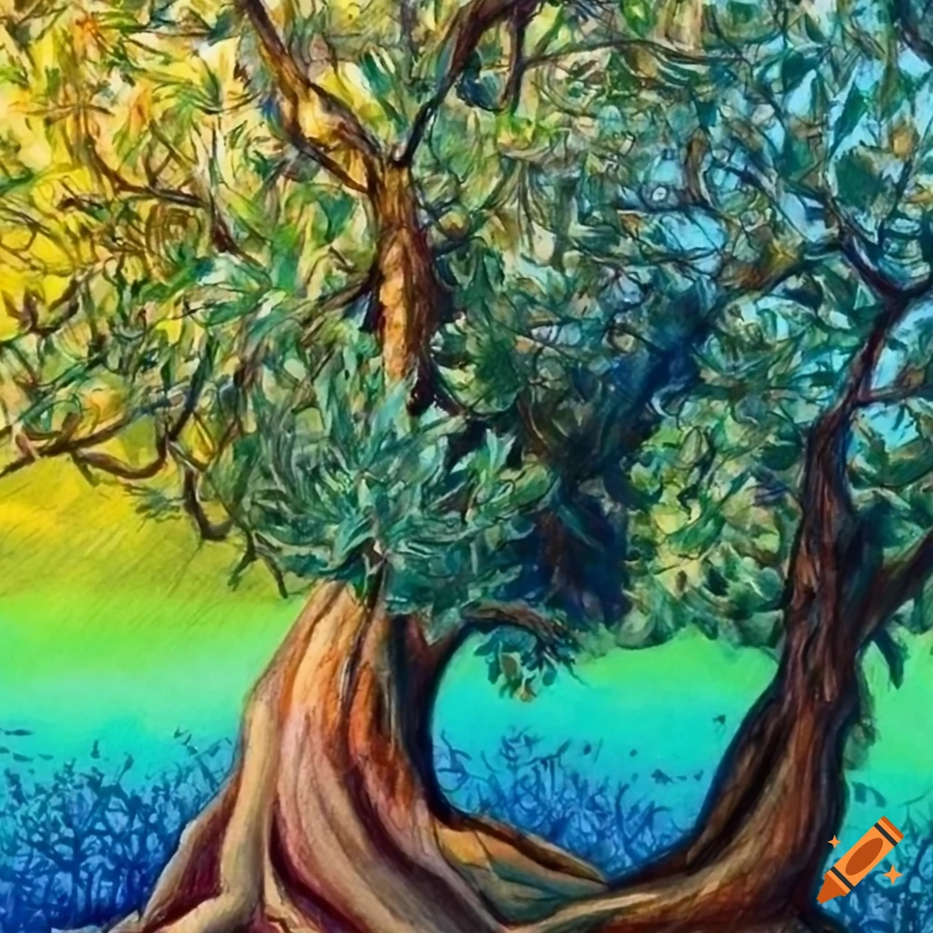 Olive trees in four colors created with colored pencils on Craiyon