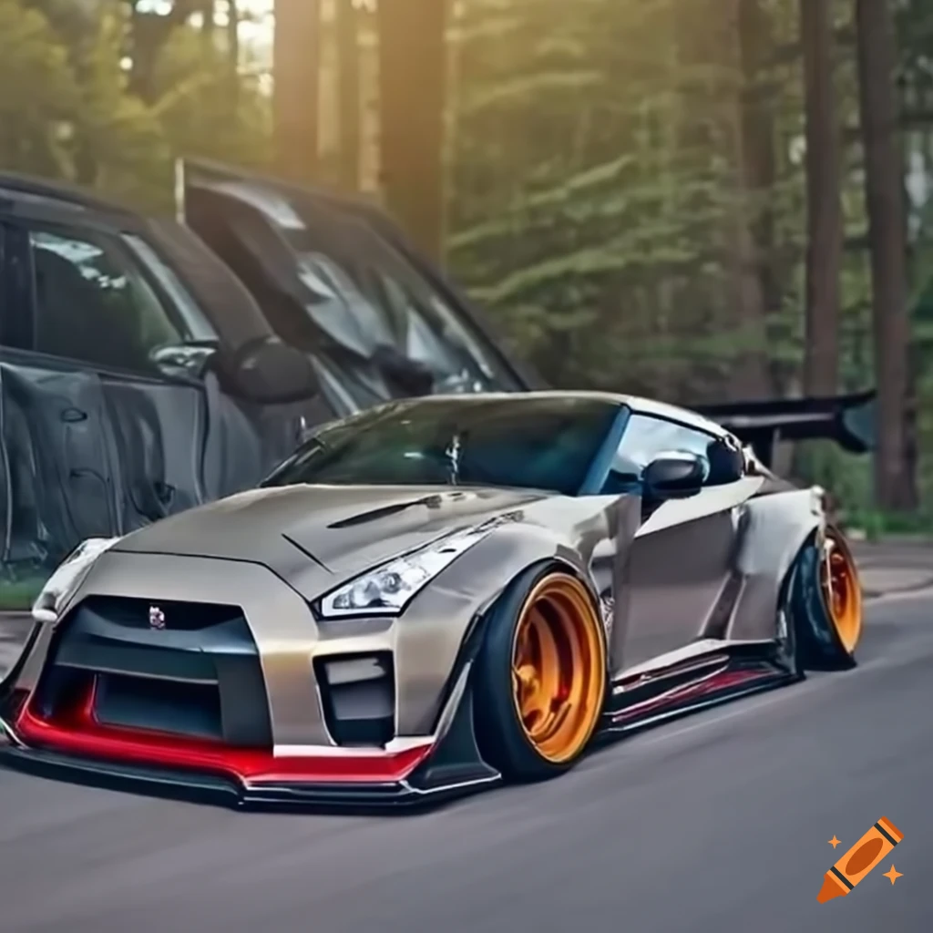 Nissan gtr with big spoiler and wide body kit on Craiyon
