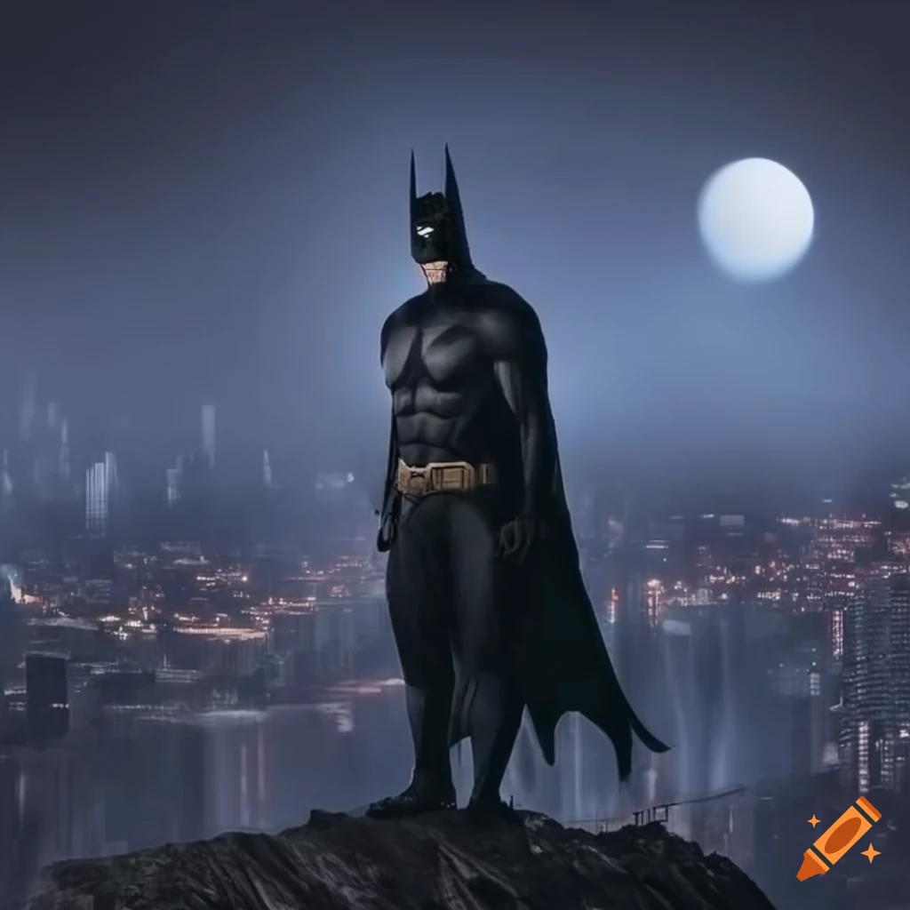 Batman standing on a tall mountain overlooking a city in light rainfall ...