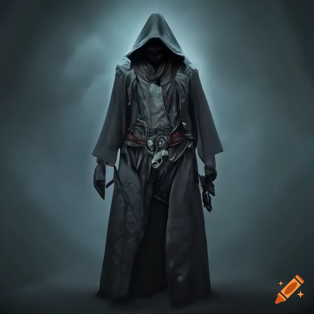 Male alchemist gunslinger in a black robe with intricate masquerade ...