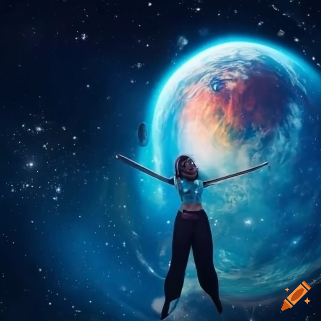 Woman flying in outer space on Craiyon