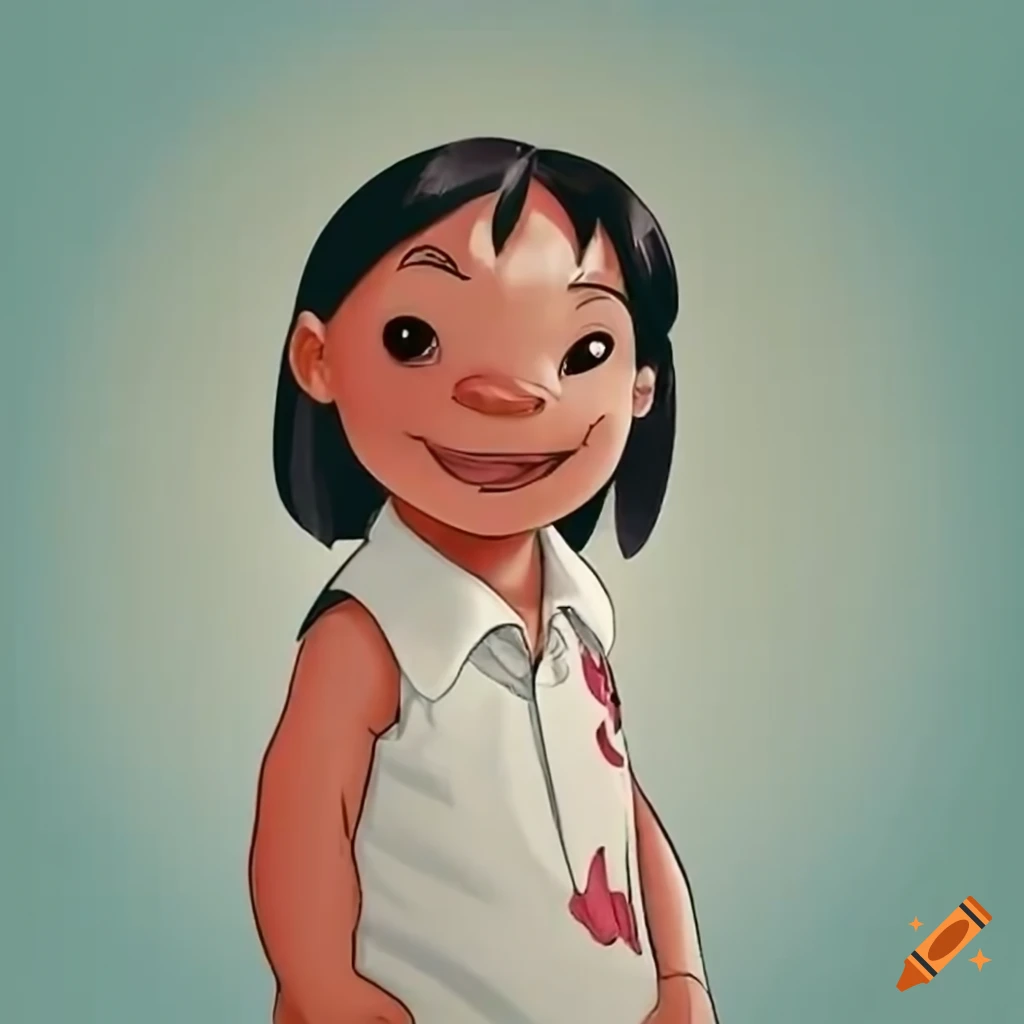 Lilo in a white sleeveless collared shirt with arms crossed on Craiyon