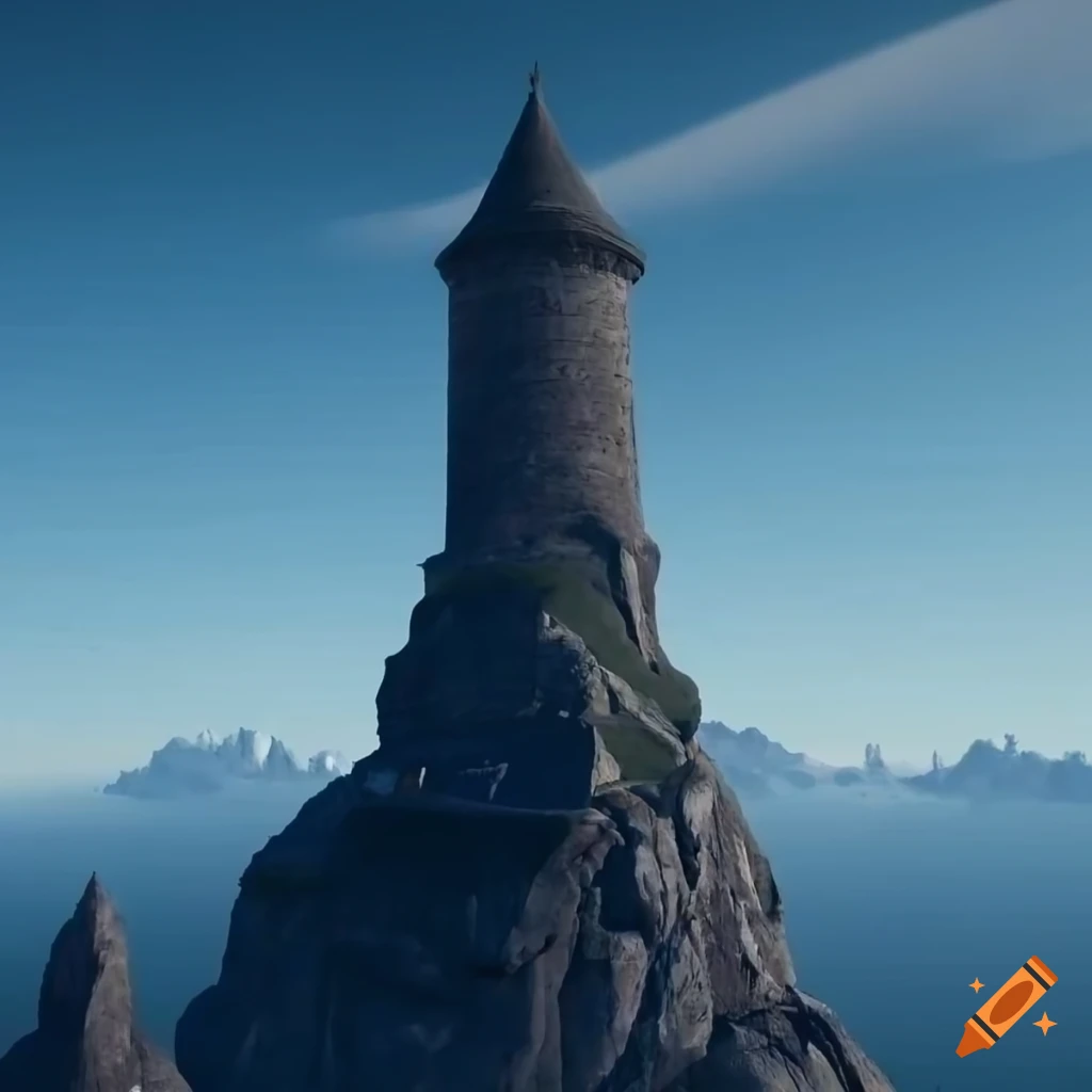 Wizard tower on a rocky outcrop with snow capped mountains in the ...