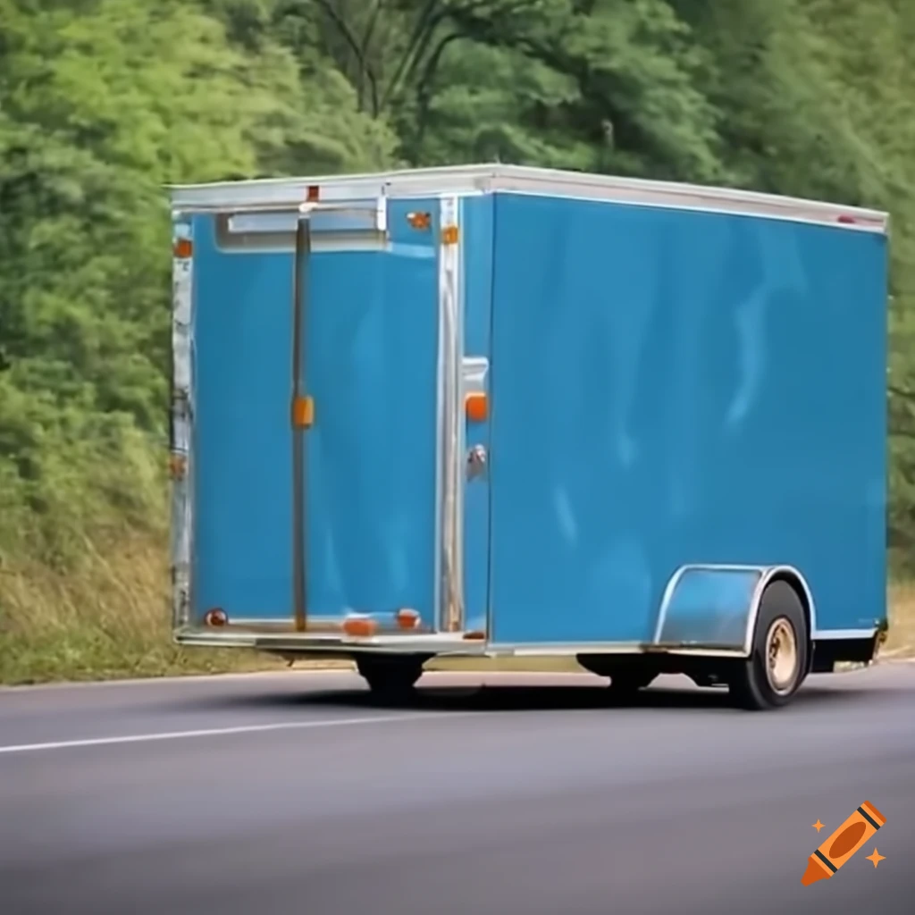Blue enclosed cargo trailer on the road on Craiyon