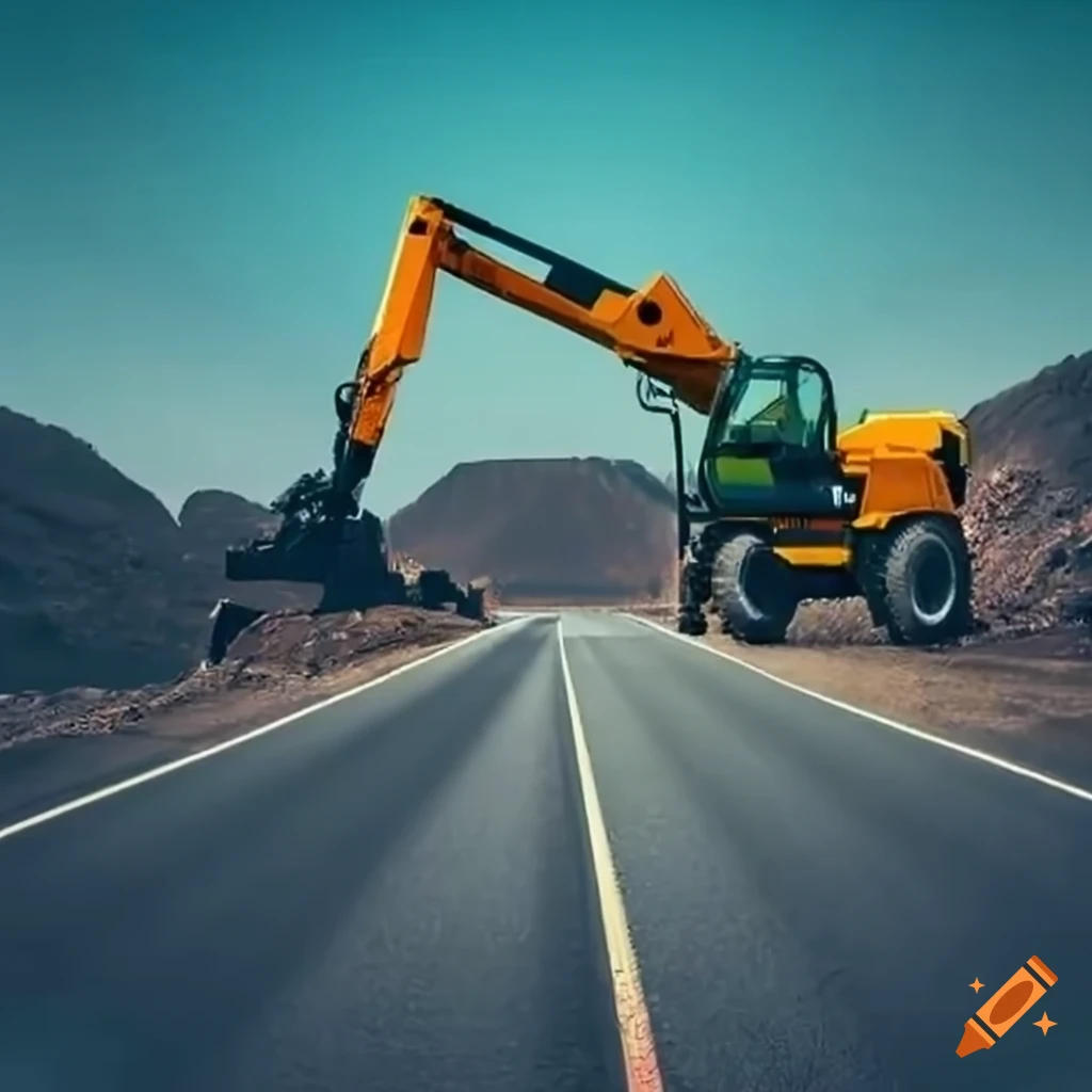 Telescopic handler on a road with visible construction layers on Craiyon