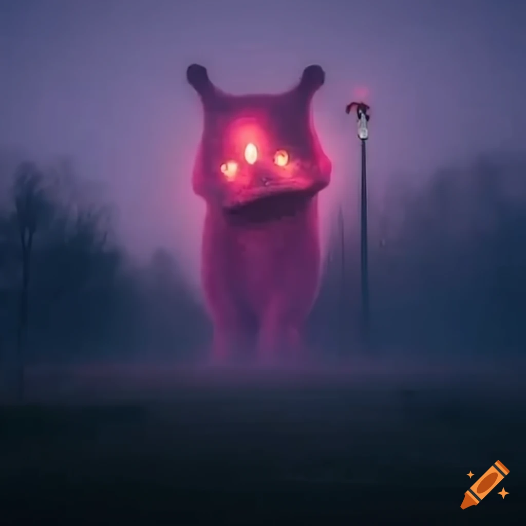 Giant toothy creature with glowing eyes looming over a rural town on a ...