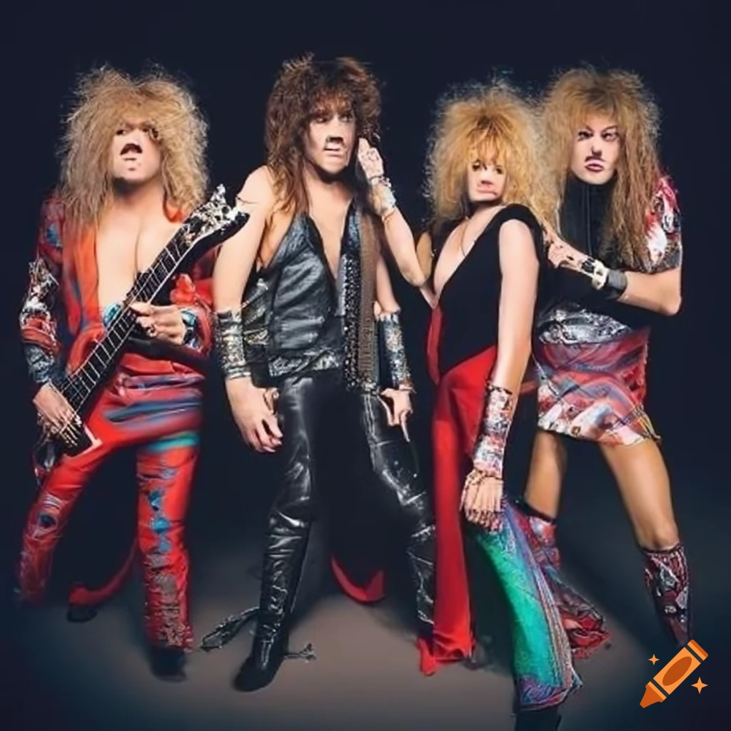 Colorful glam metal band in striking poses for promo picture on Craiyon
