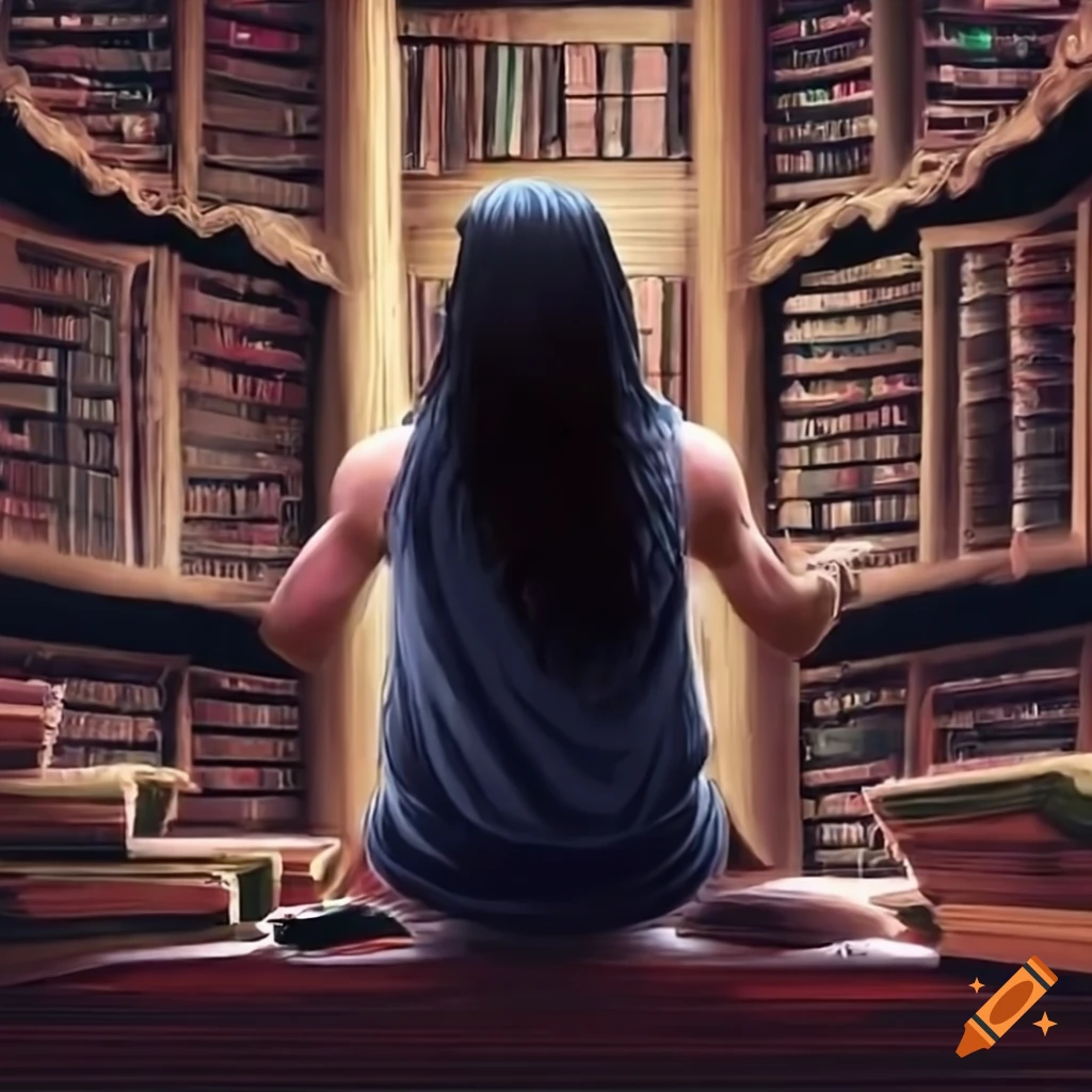Man with long dark wavy hair in a magical library facing backwards on ...