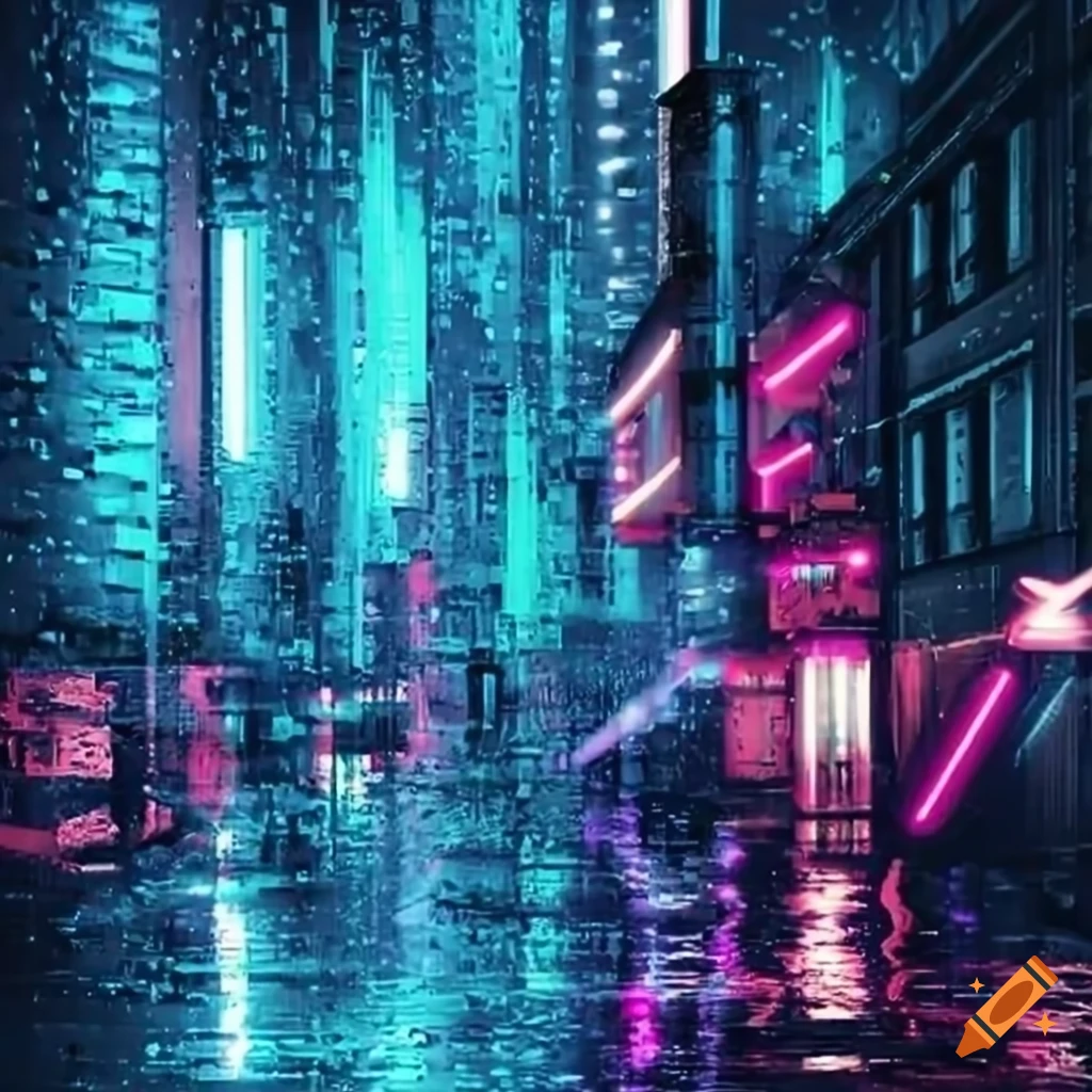 Futuristic city with neon lights in the rain on Craiyon
