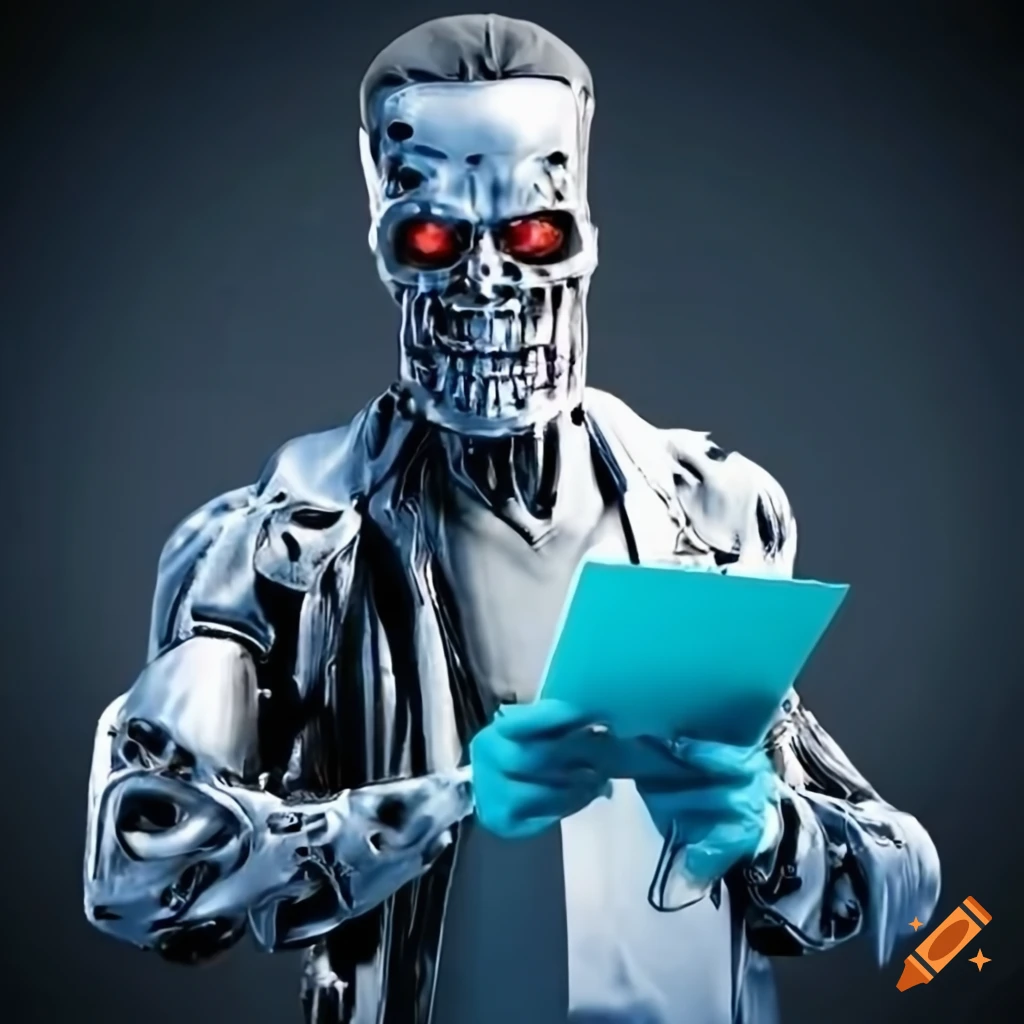 Terminator character in lab scientist attire with clipboard on Craiyon