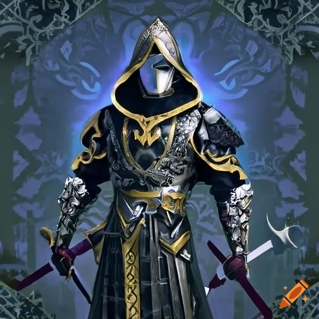 Legendary sword-wielding male alchemist emerging from arcane ruins ...