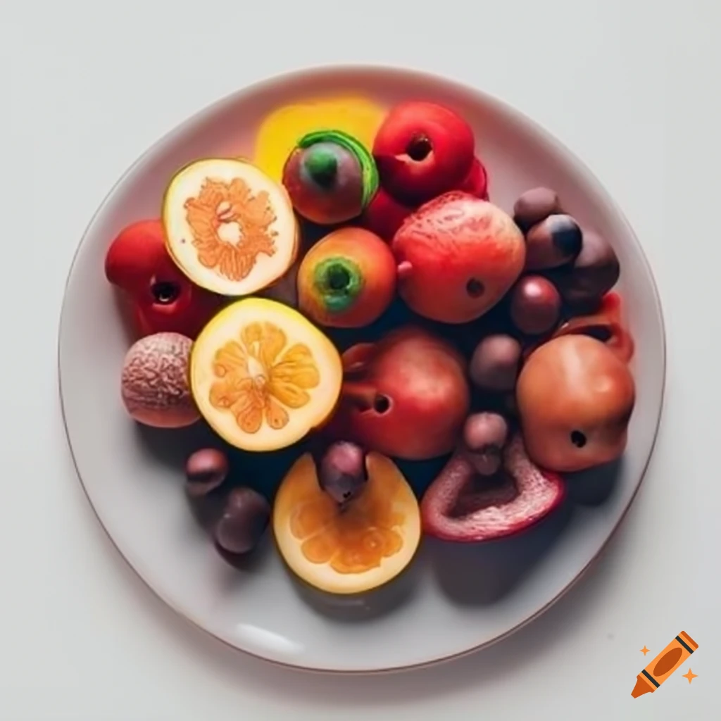 Fruit chat on a plate against a white background on Craiyon