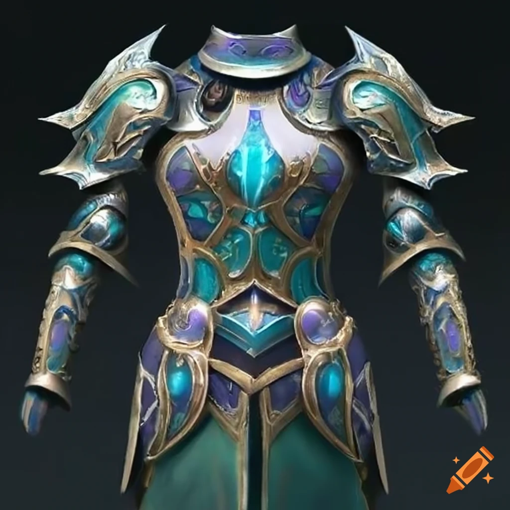 Front view of ornate magic armor on Craiyon