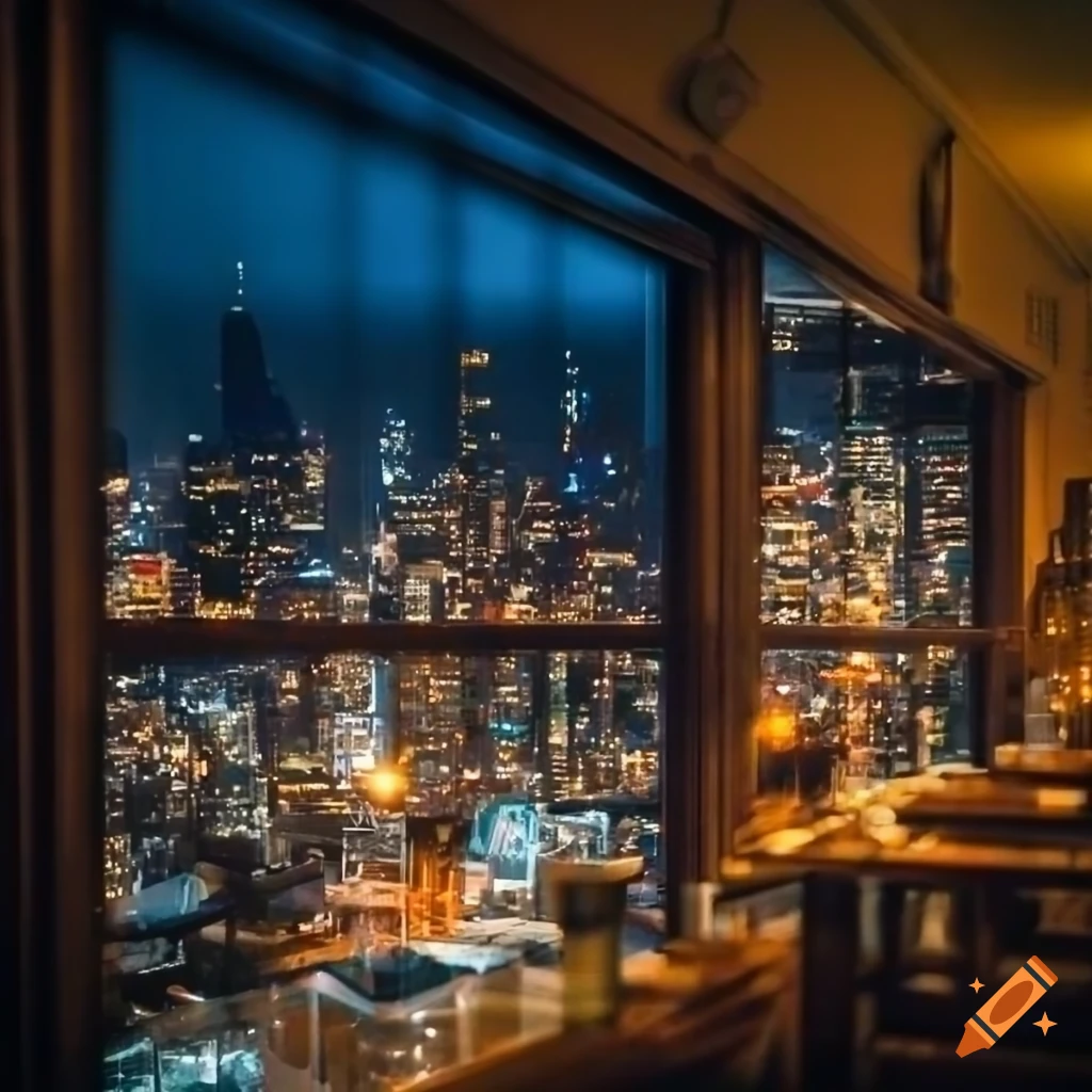 View from a fancy restaurant onto the night cityscape on Craiyon