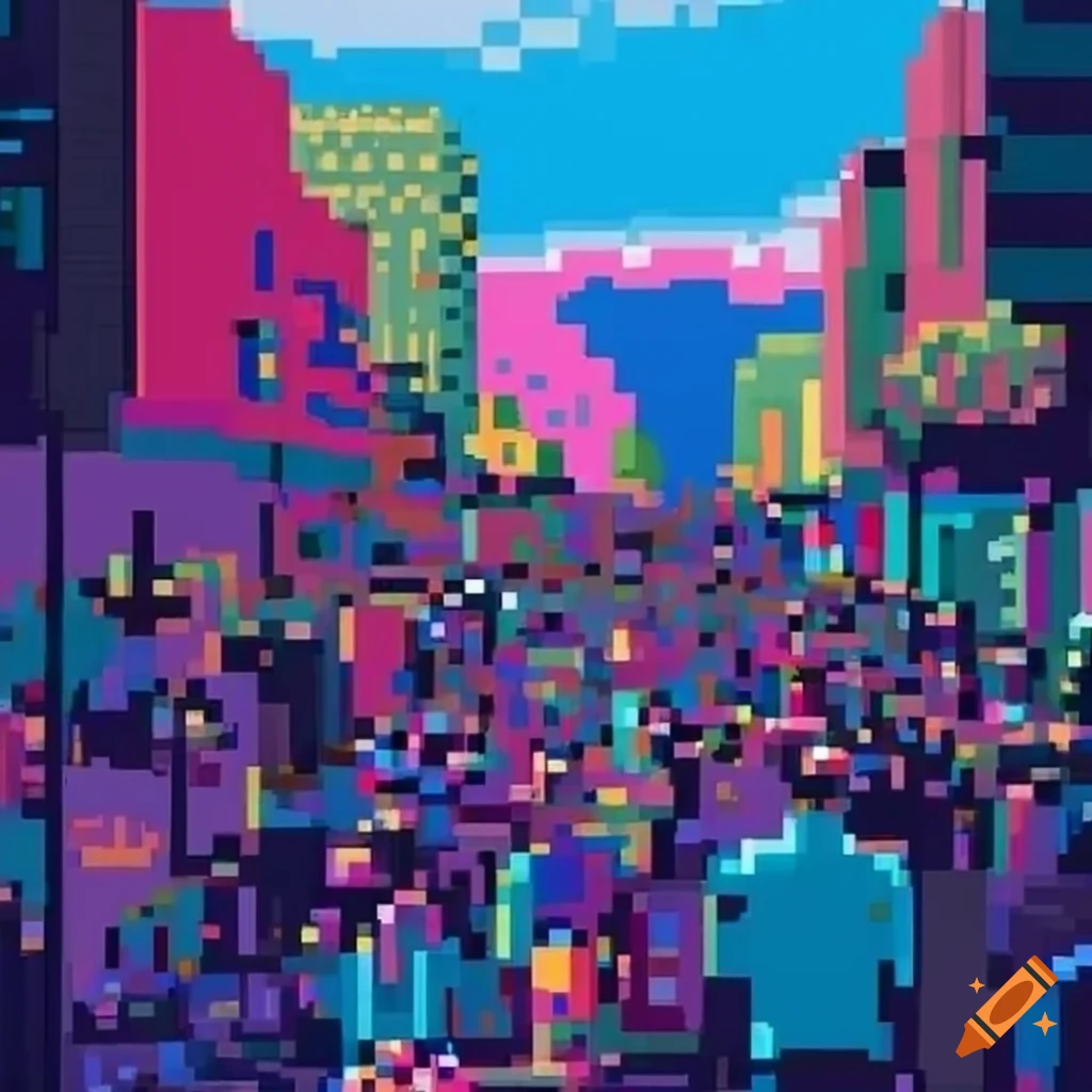 Pixel art inspired street crowd view in a city on Craiyon
