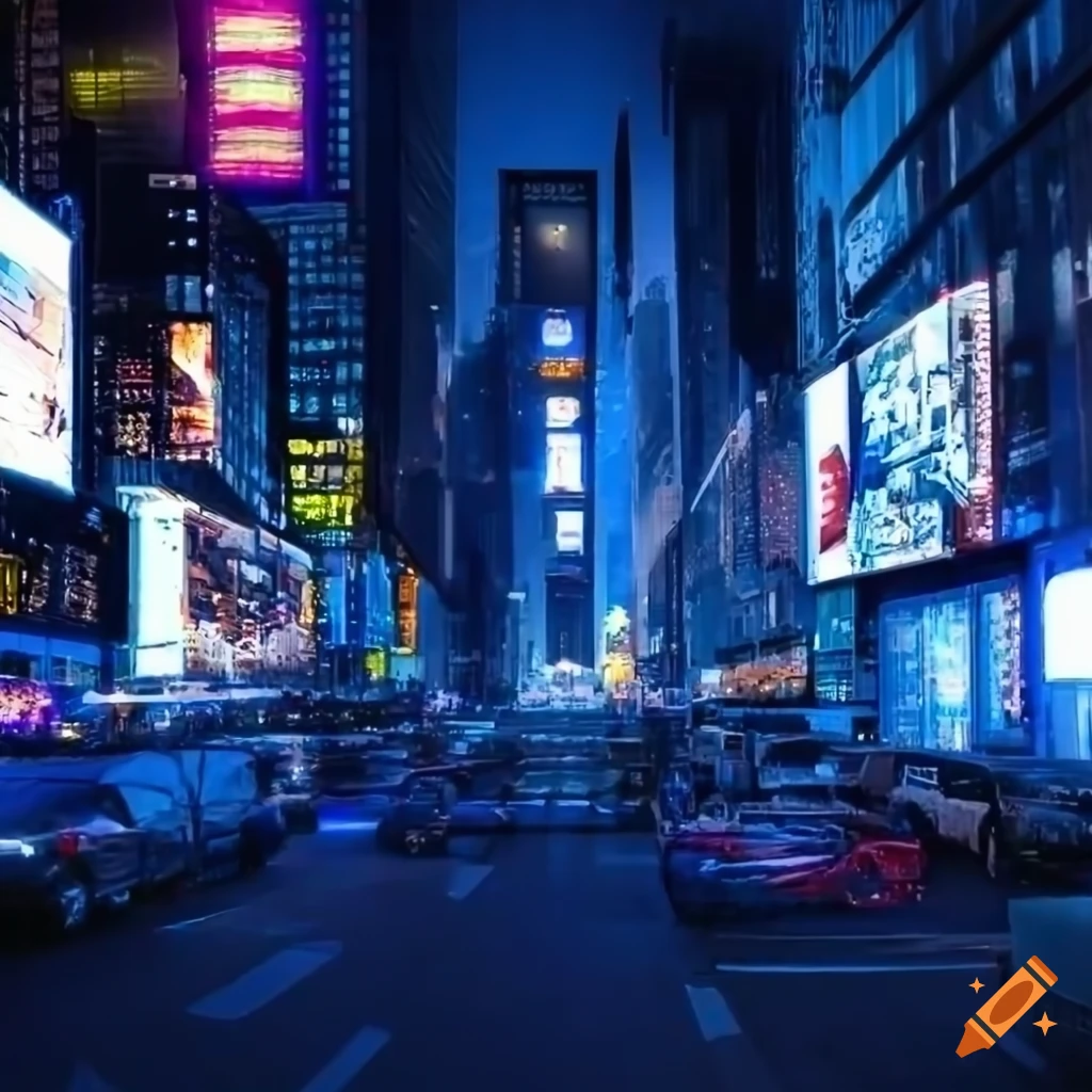 Midnight in Times Square under a blue theme in high resolution on Craiyon