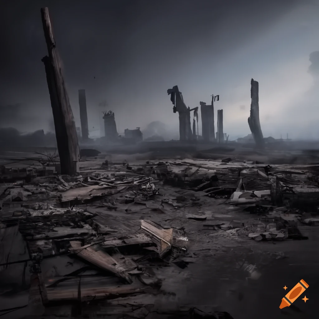 Apocalyptic landscape showing traces of nuclear explosions and ...