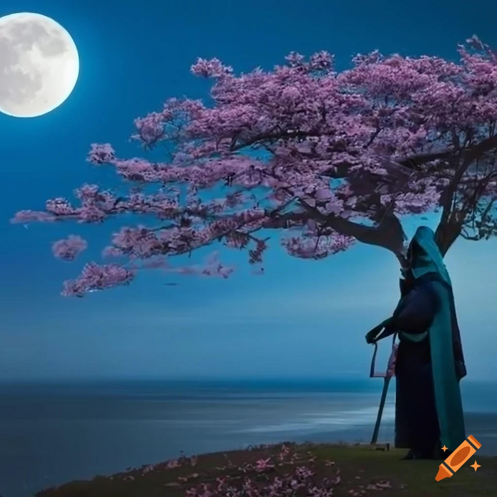 Katana-wielding hooded alchemist under a cherry tree by the ocean at ...