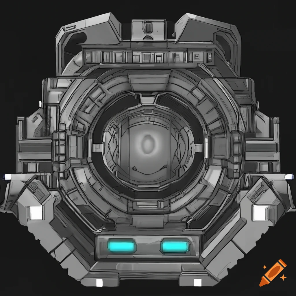 Front view futuristic sci-fi generator in grayscale on Craiyon