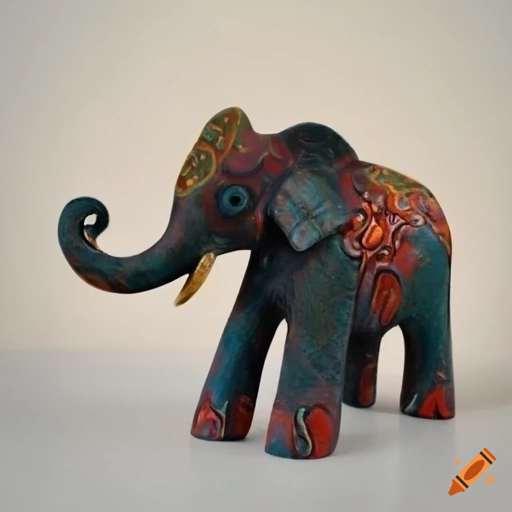 Wooden elephant with colorful markings in Bali primitive art style on ...