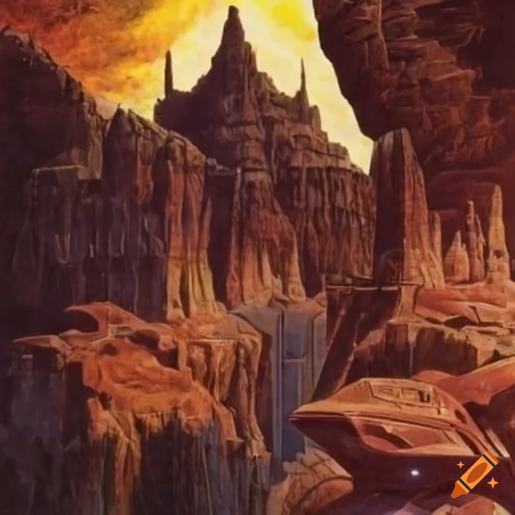 70s sci-fi colossal fortress on rocky plain artwork on Craiyon