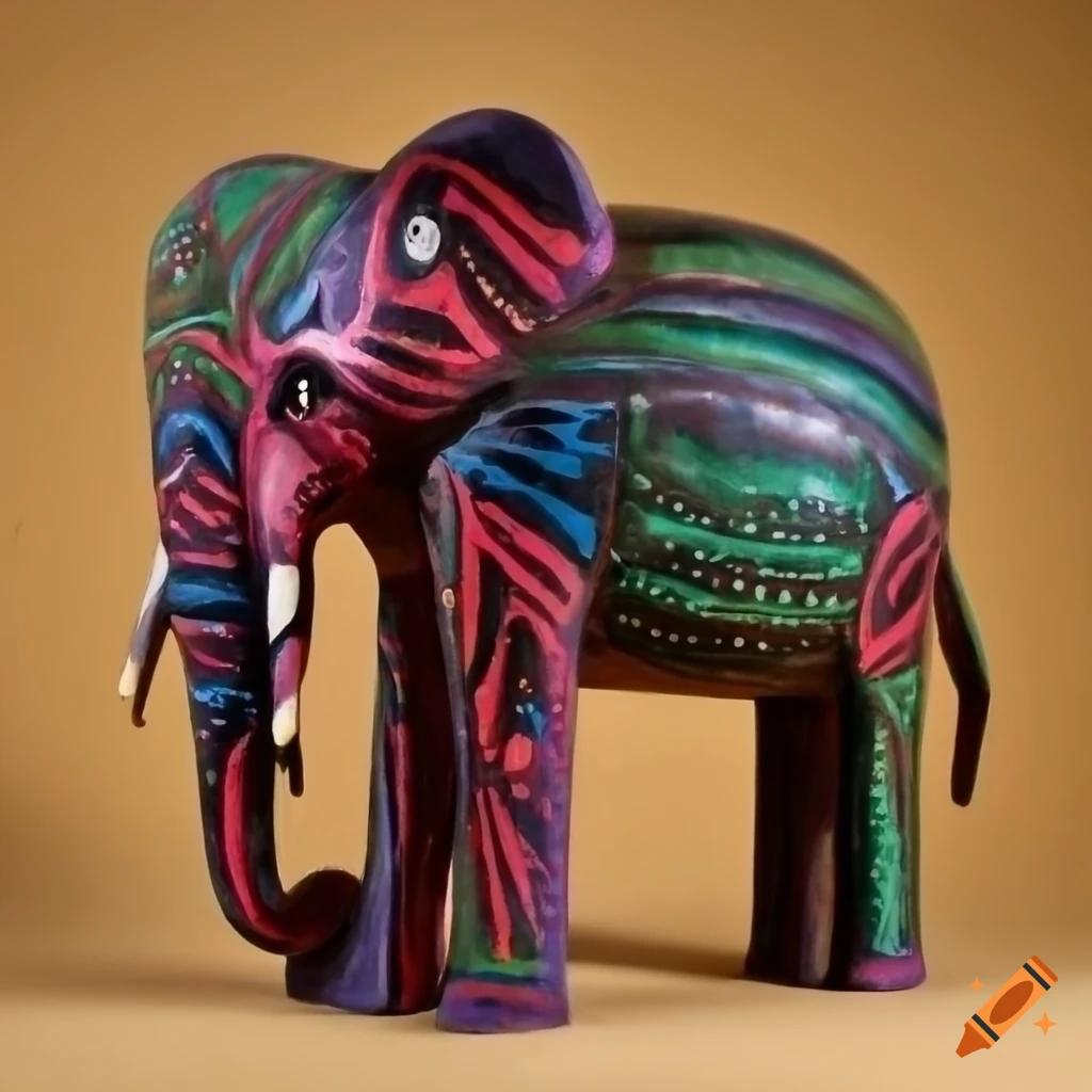 Wooden elephant with colorful markings in bali primitive art style on ...