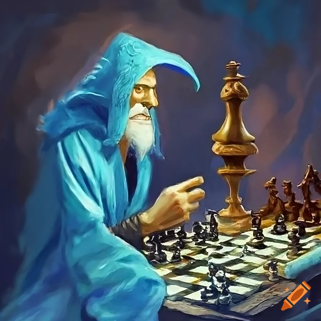 Wizard in blue robe playing chess with a long-nosed goblin in 80's ...