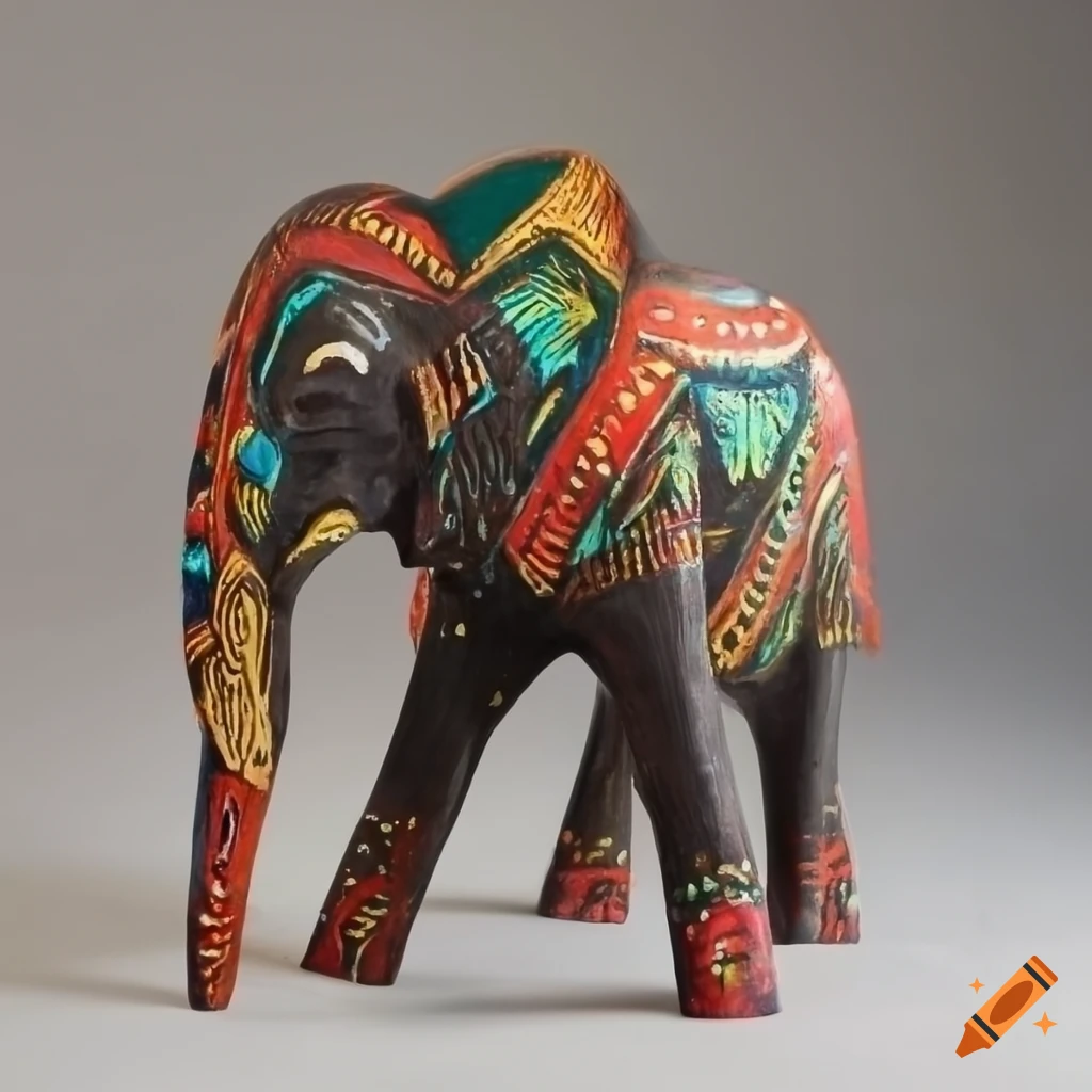 Wooden elephant with colorful markings in Bali primitive art style on ...