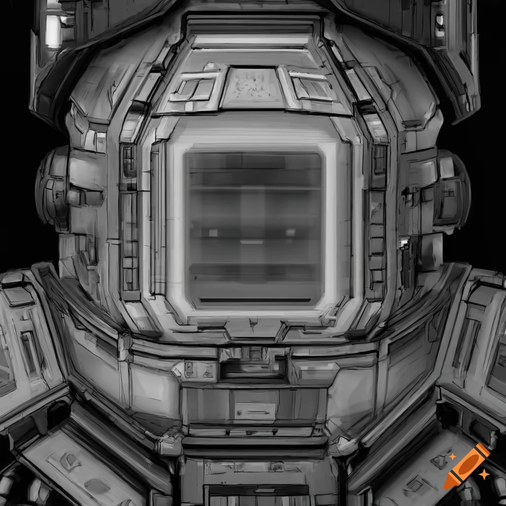 Front view of detailed grayscale futuristic sci-fi container on Craiyon