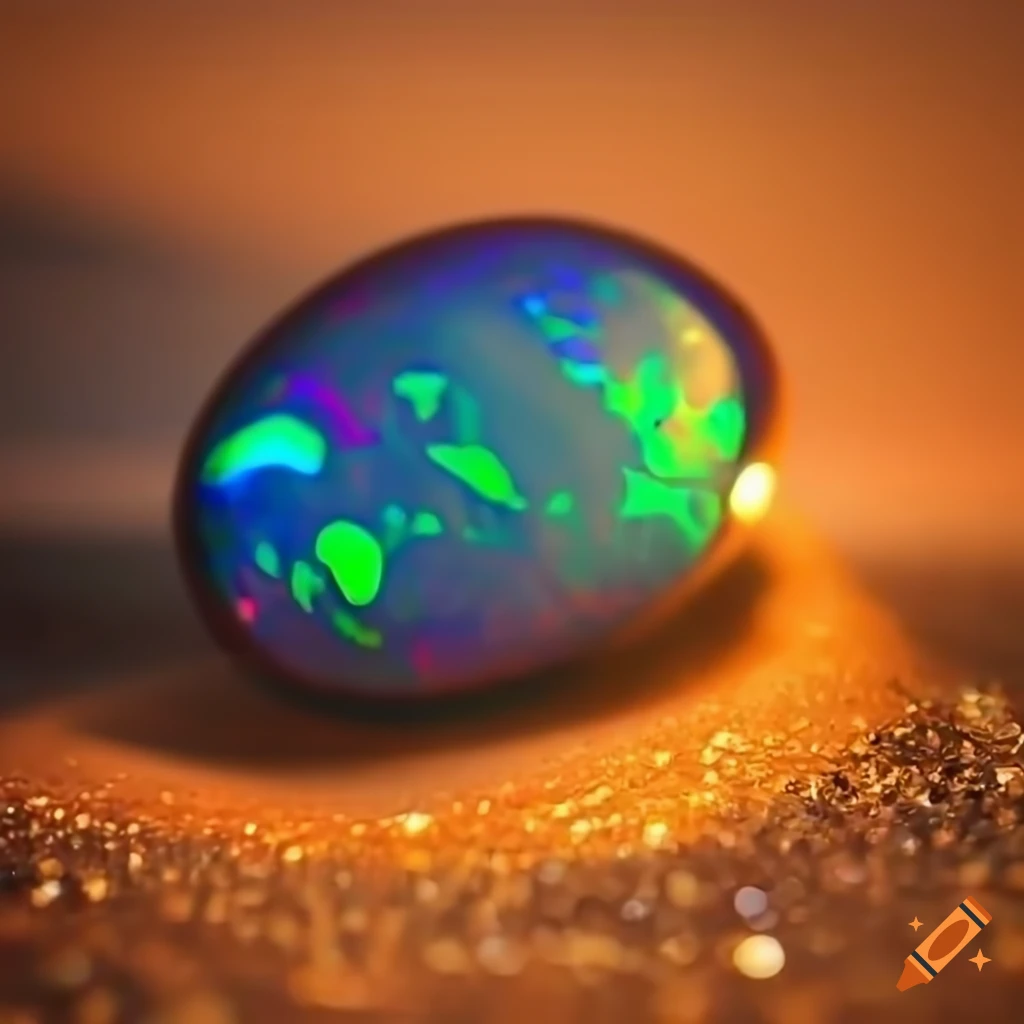 Vibrant sunset with copper crown opals on gold beach sand on Craiyon