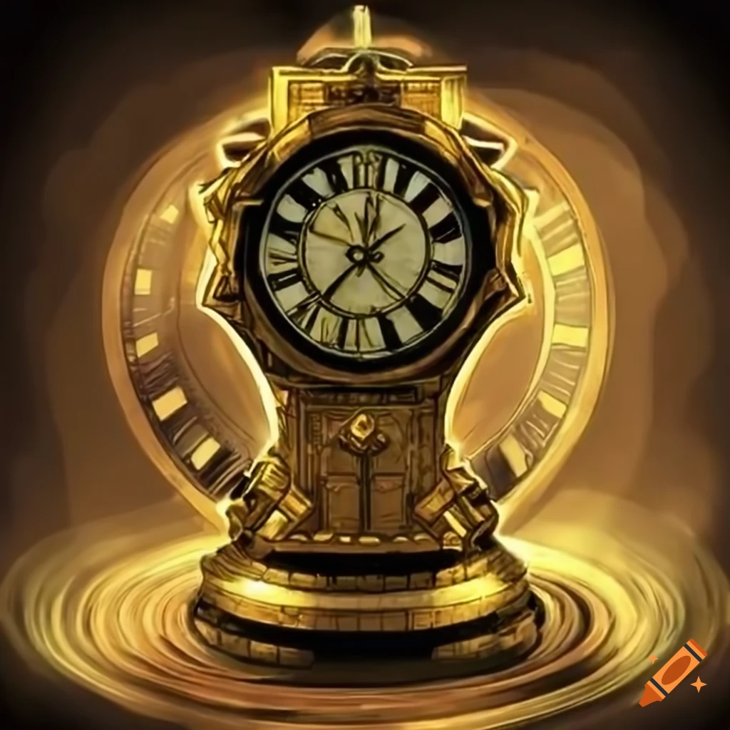 Golden clock hand in yu-gi-oh art style on Craiyon