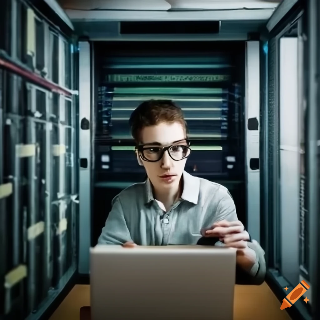 Young nerd working at bank with old mainframe computer on Craiyon