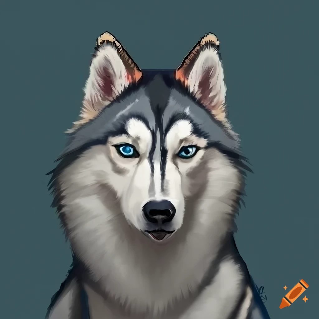 Sled dog Husky in a portrait posture with a fierce look in digital art ...