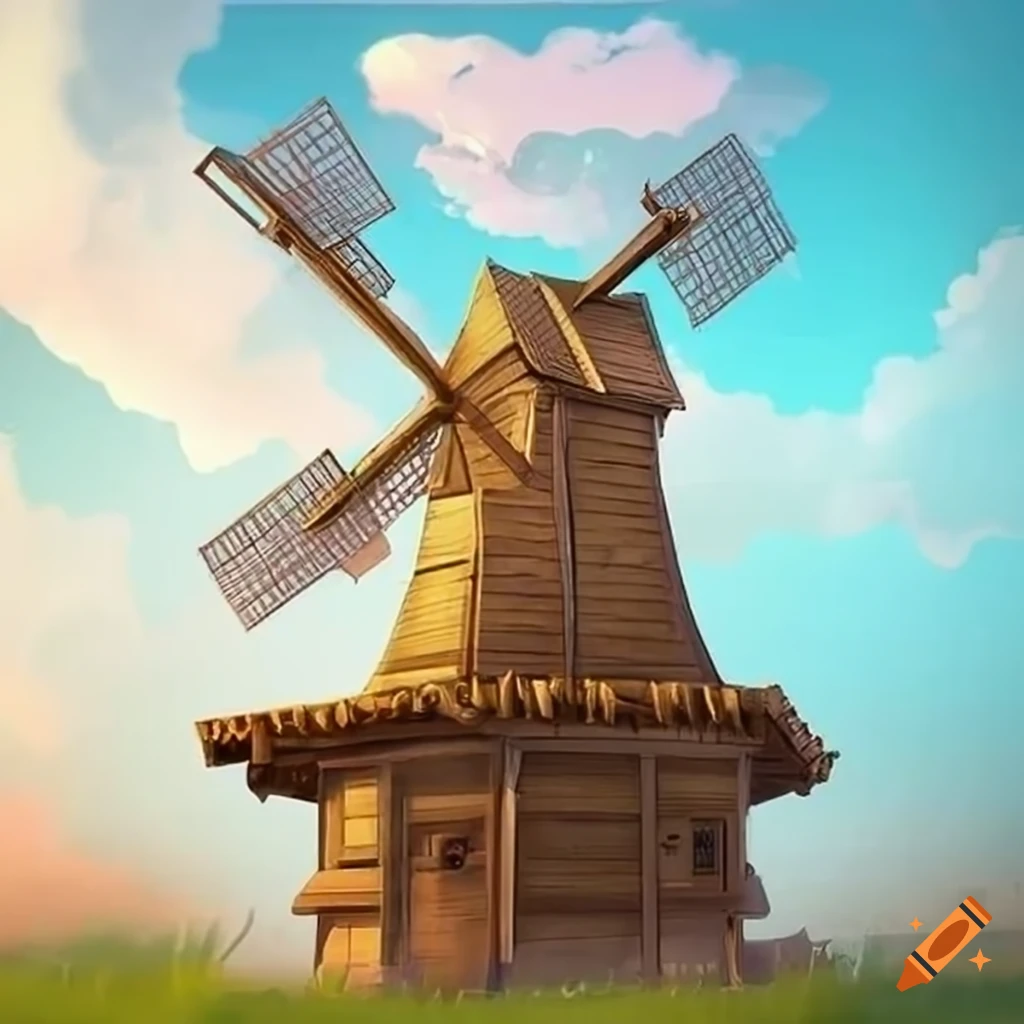 Anime-style one-storey wooden windmill with high detail on Craiyon