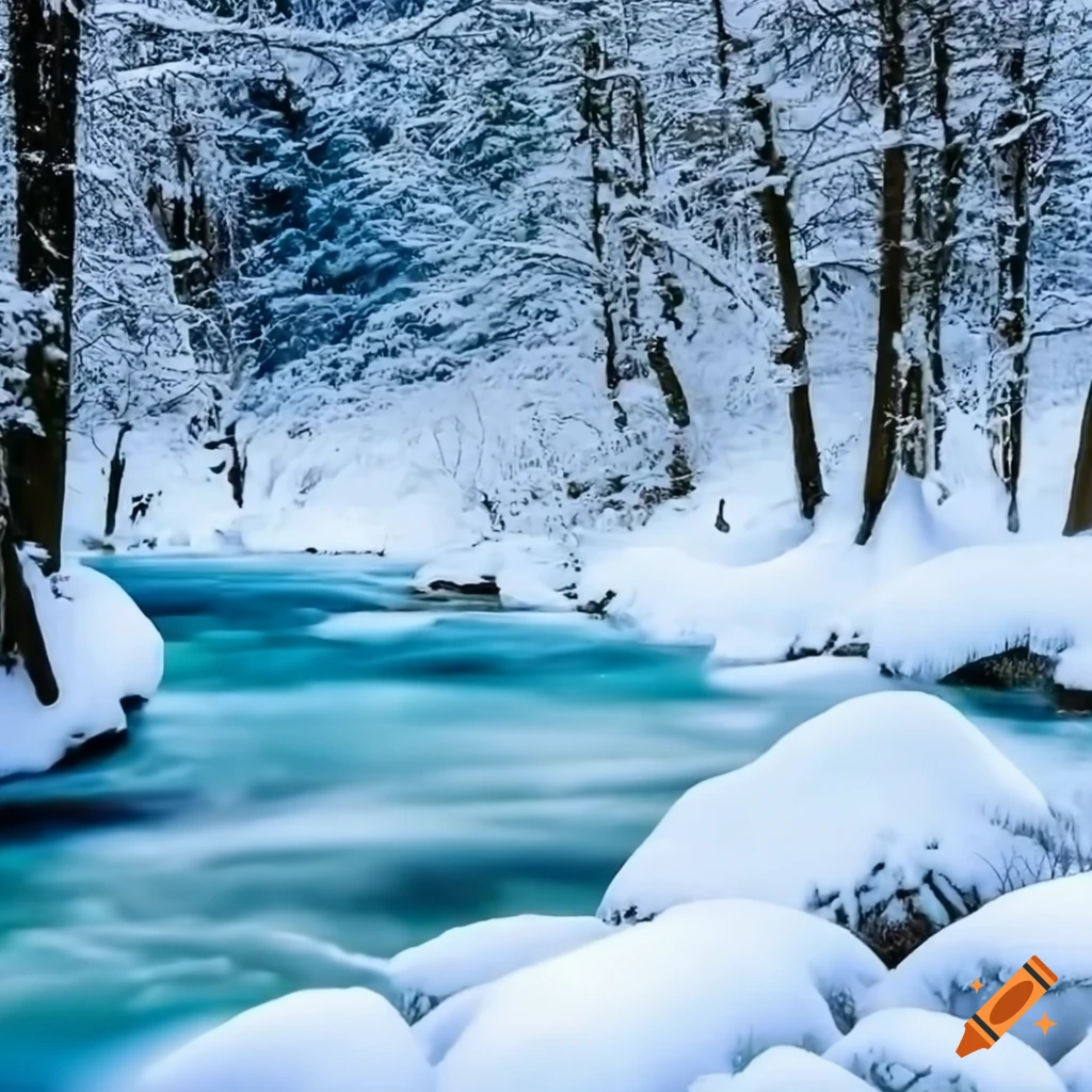 Winter scene with icy stream flowing amid snow-covered trees on Craiyon