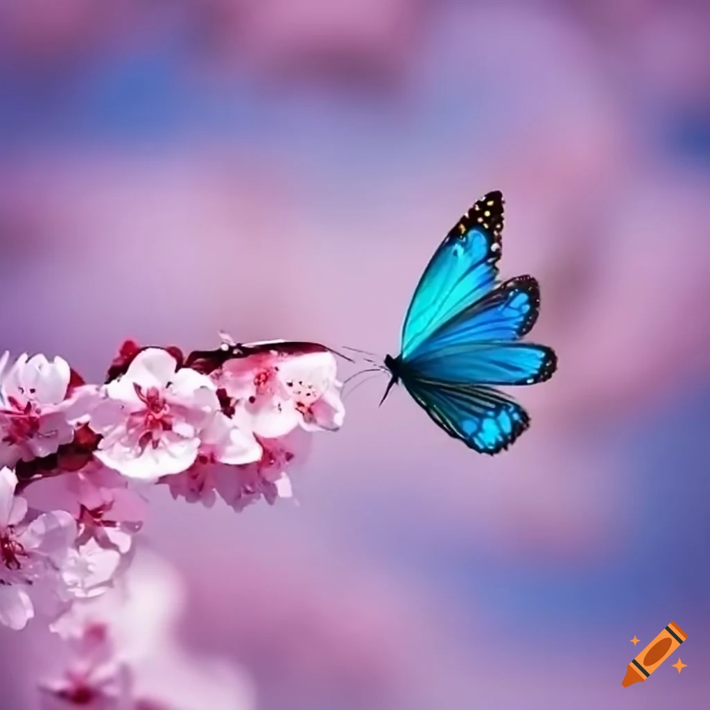 Blue butterflies fluttering around cherry blossoms on Craiyon
