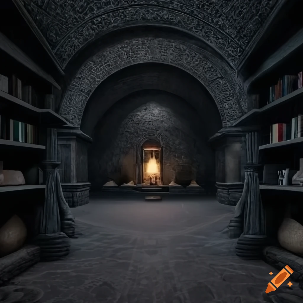 Huge dark cave room with shelves full of books and parchments on Craiyon