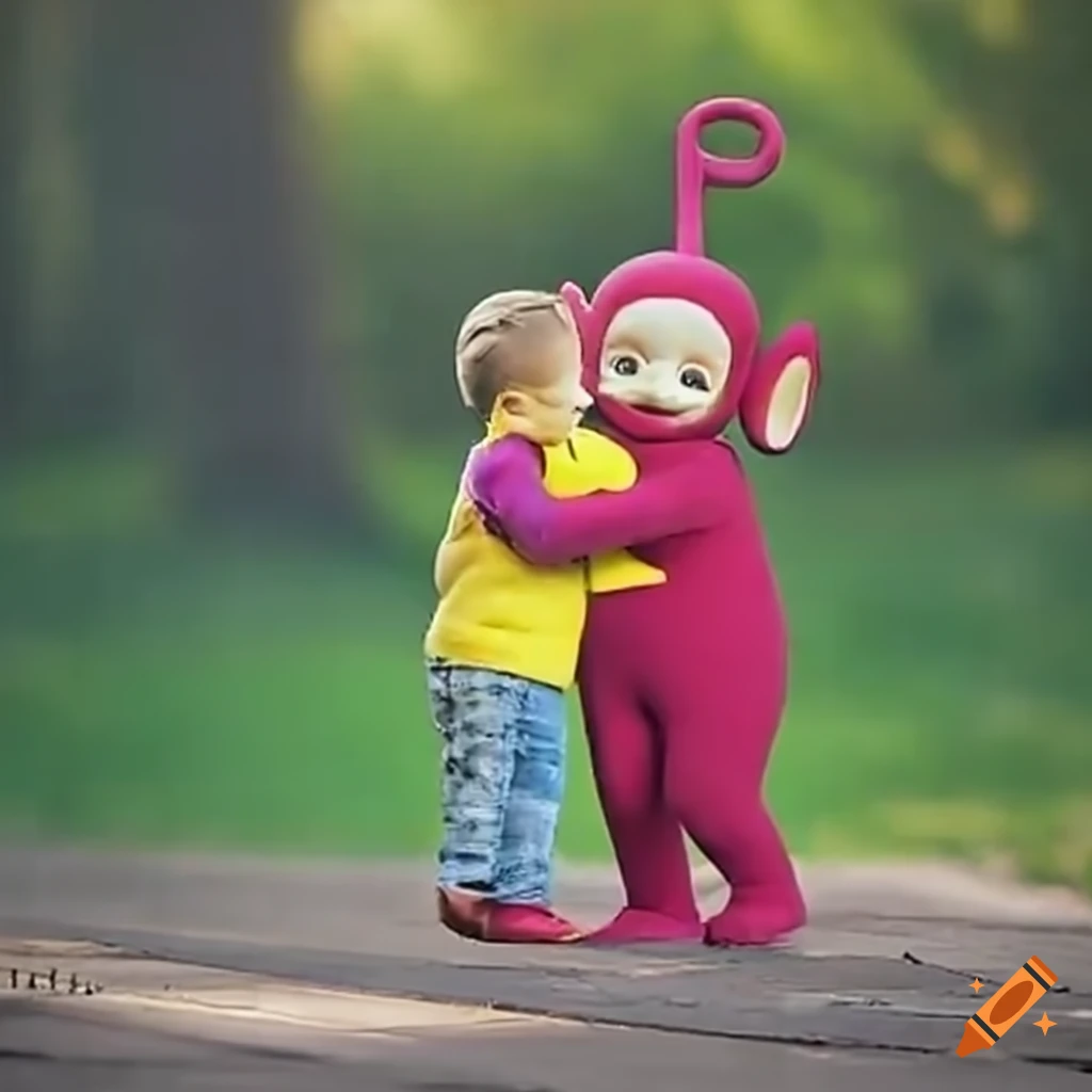 Female teletubby offering a piggyback ride to a boy on Craiyon