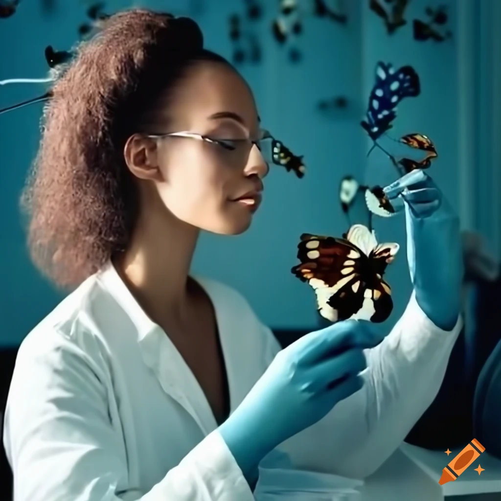 Young scientist examining beautiful butterflies in a modern laboratory ...