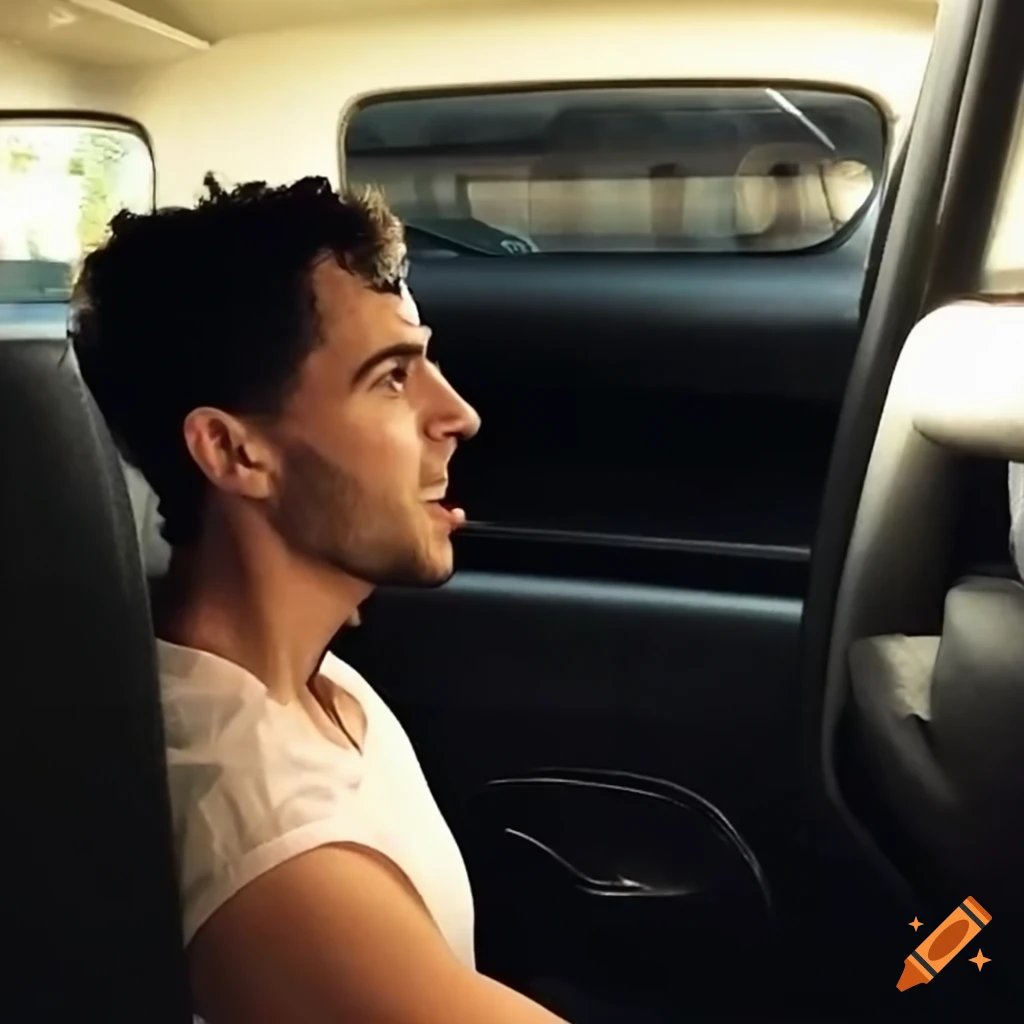 Eylon Levy in a car hanging out the passenger side on Craiyon