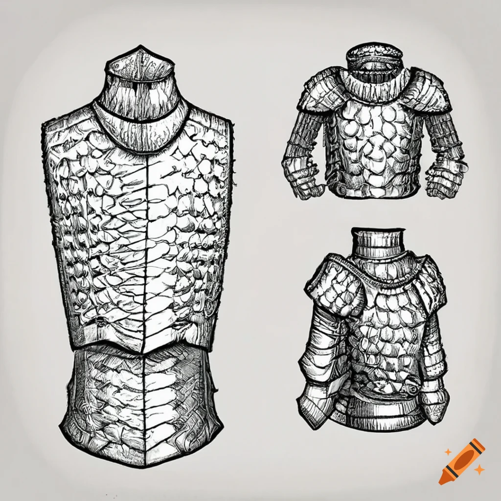 Detailed pencil sketches of intricately designed scale mail armor on ...